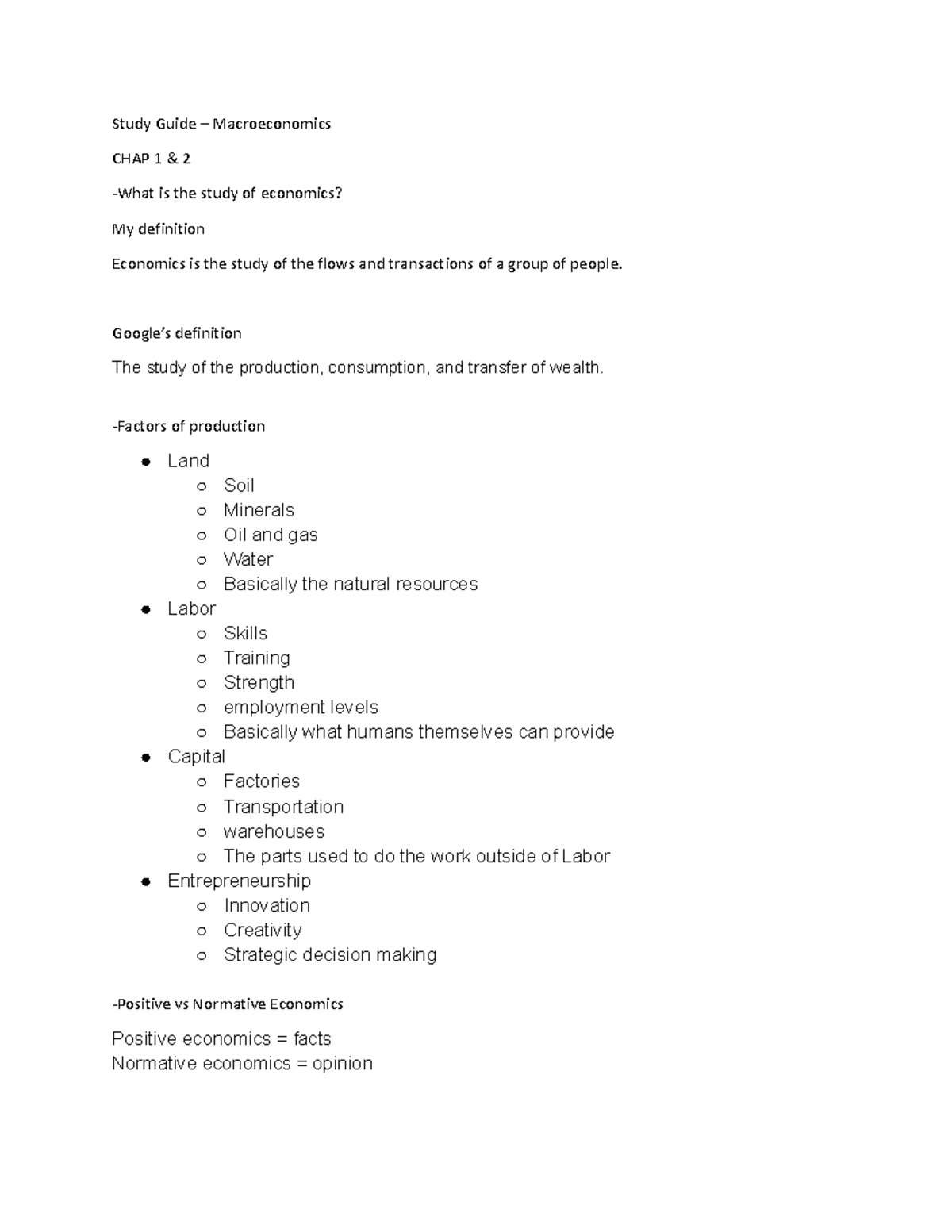 Macroeconomics final study guide - Study Guide – Macroeconomics CHAP 1 ...
