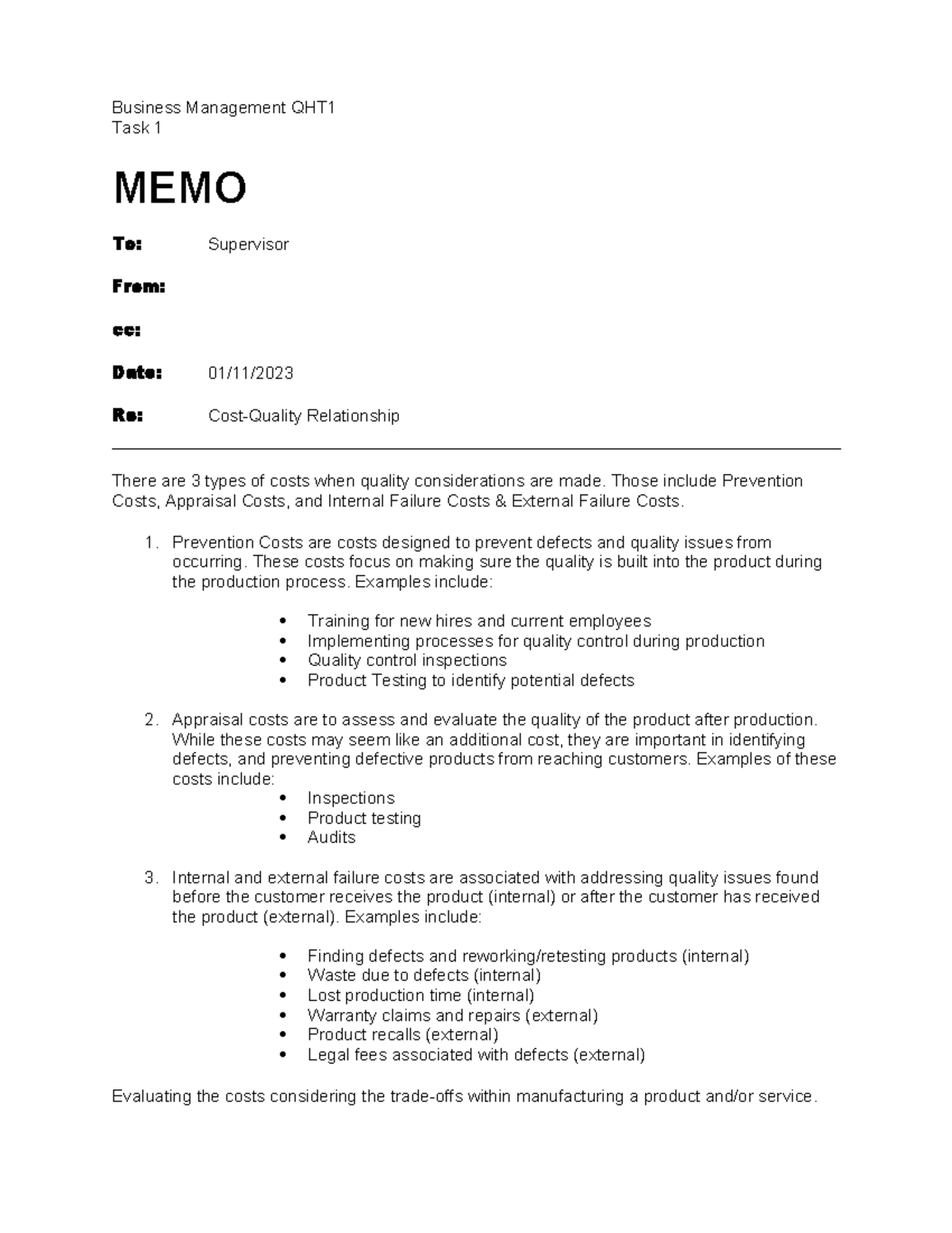 AVM1 Task 1 - task one pass no edits - Business Management QHT Task 1 ...