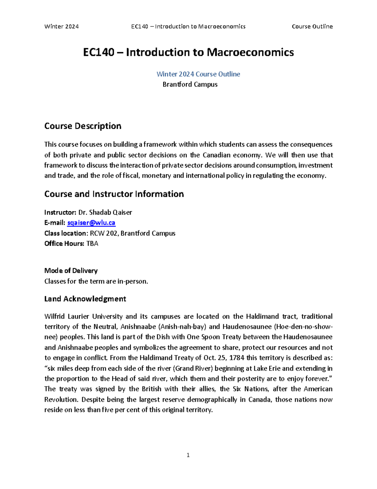 EC140 Course Outline Brantford Campus- Winter 2024 - EC140 ...