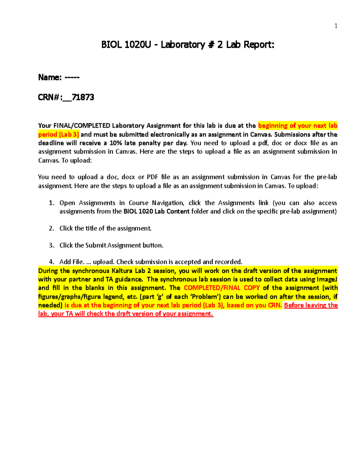 Lab 2 Lab Assignment W2021 - BIO - BIOL 1020 U - Laboratory # 2 Lab ...