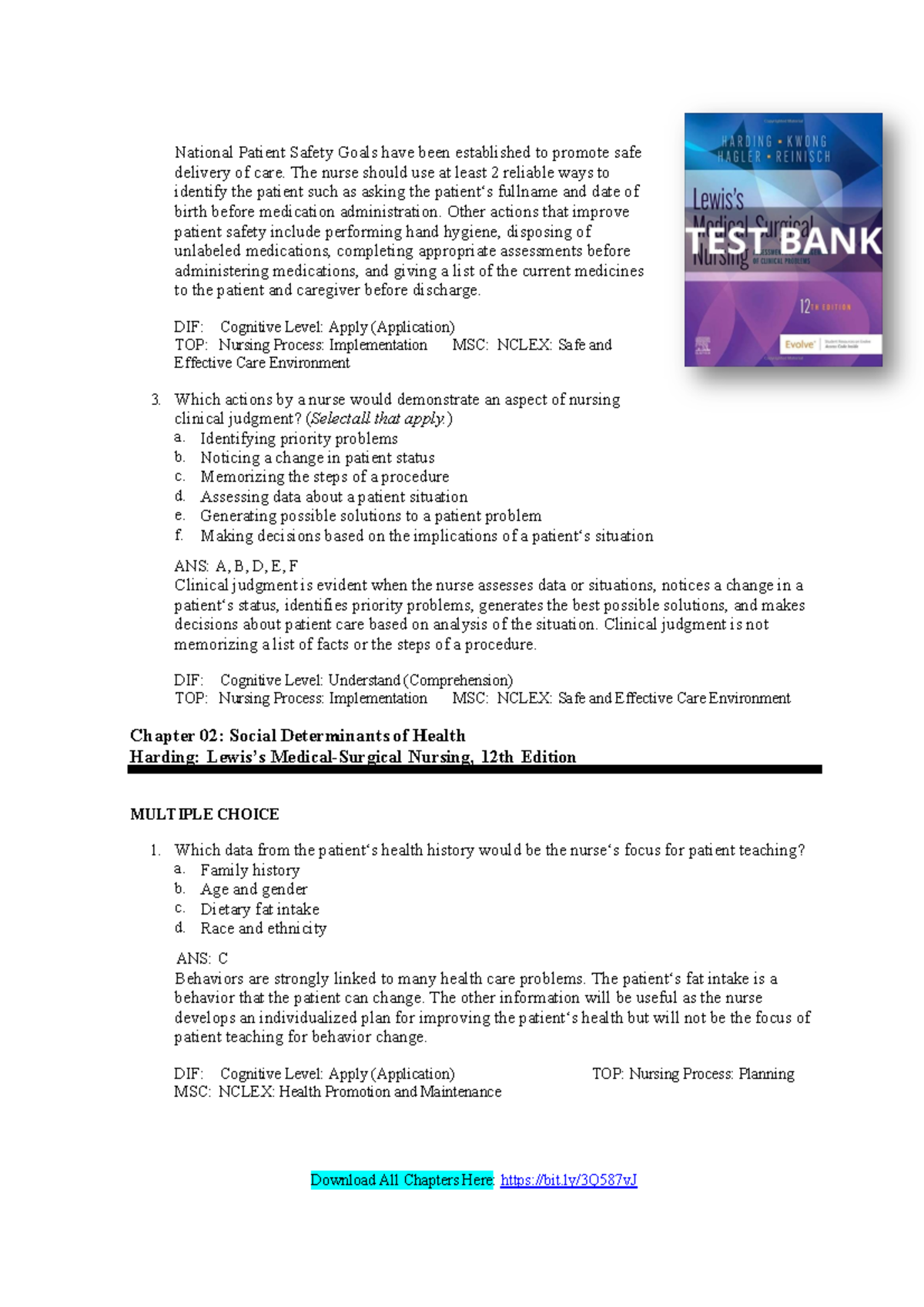 Test Bank For Lewis’s Medical-Surgical Nursing Clinical Problem 12th Ed ...