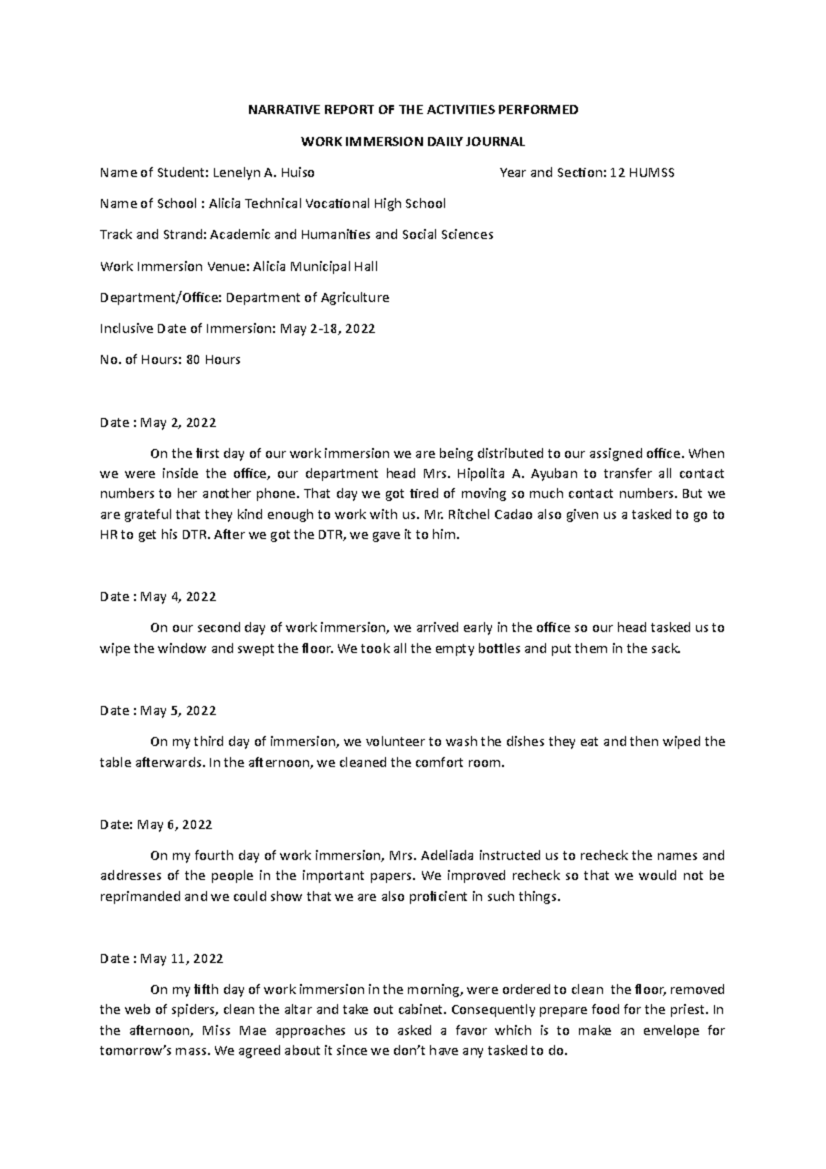 Narrative Report OF THE Activities Performed lenelyn - NARRATIVE REPORT ...