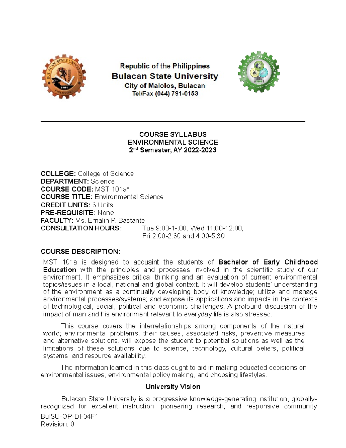 Environmental-Science syllabus - COURSE SYLLABUS ENVIRONMENTAL SCIENCE ...