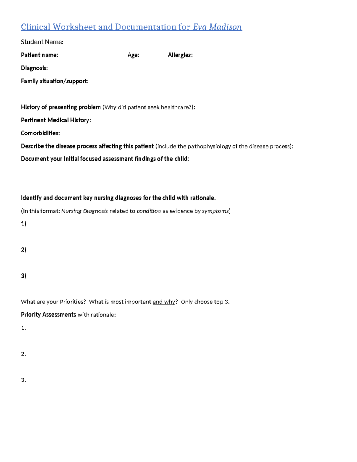 Clinical Worksheet for v Sim 3EM - Clinical Worksheet and Documentation ...