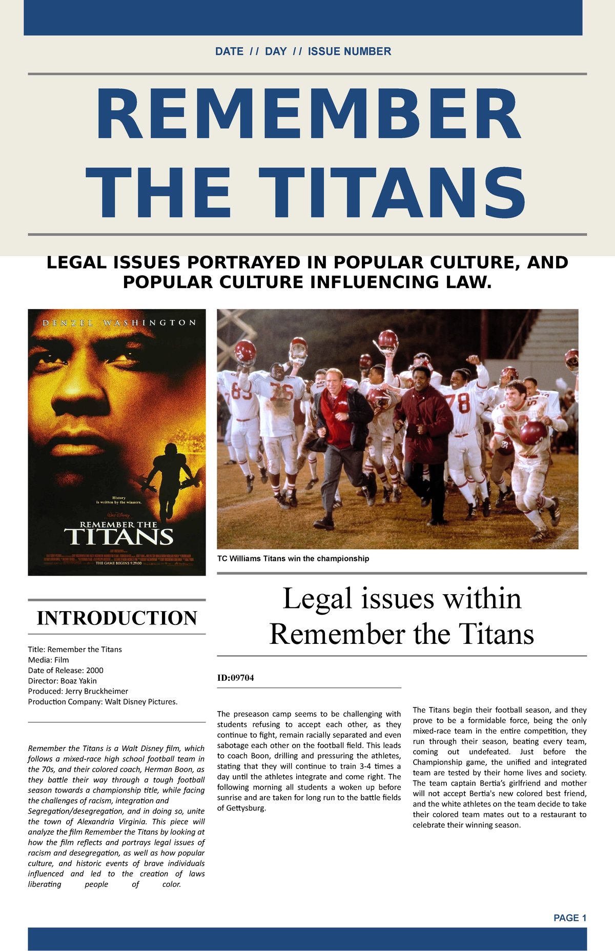 Remember the Titans - Civil rights legal issues reflected in popular ...