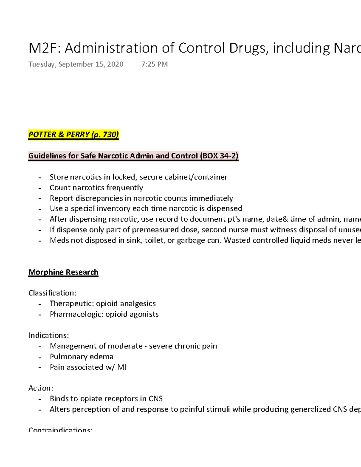 M2F Administration of Control Drugs, including Narcotics - POTTER & PERRY (p. 730) Guidelines ...