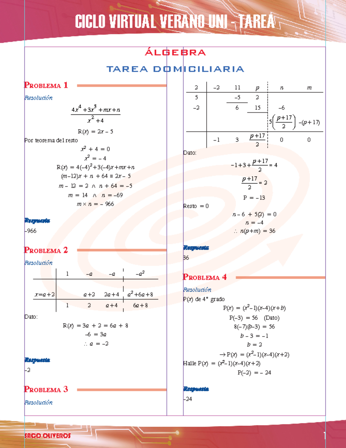 Algebra Capitulo 4 - Problemas resueltos - Operaciones - CICLO VIRTUAL VERANO UNI - TAREA 1 ...