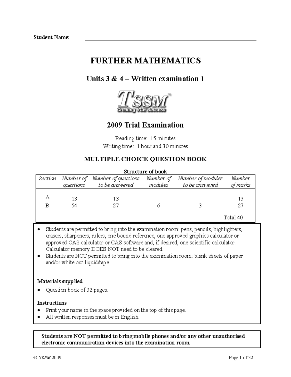 2009 tssm exam 1 - exam 1 CAS papeer multiple choice - Student Name ...