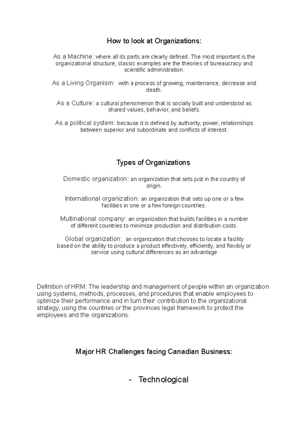Cours 1 Human Ressources - How to look at Organizations: As a Machine ...