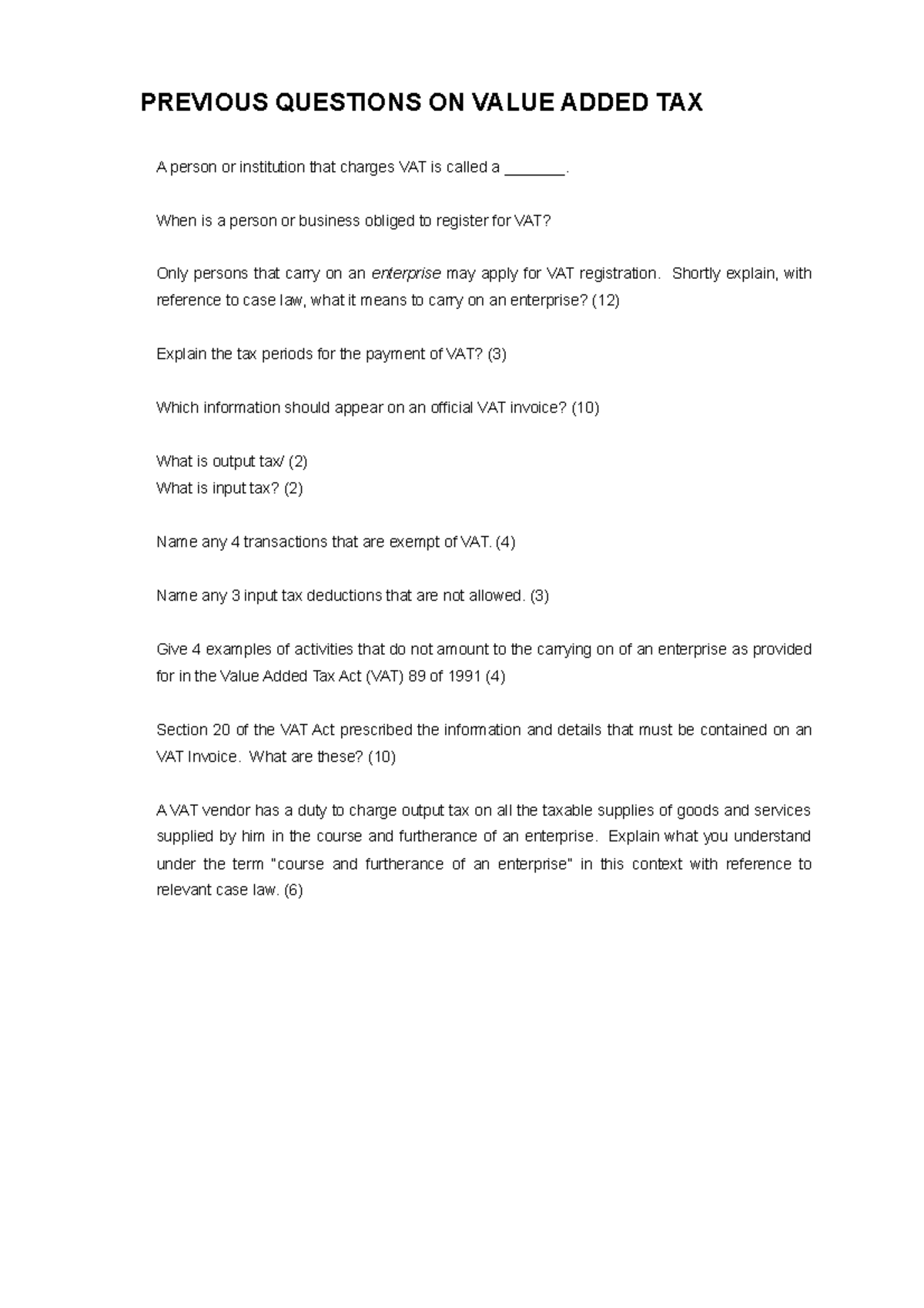 VAT Previous Q - cmld041 - PREVIOUS QUESTIONS ON VALUE ADDED TAX A ...