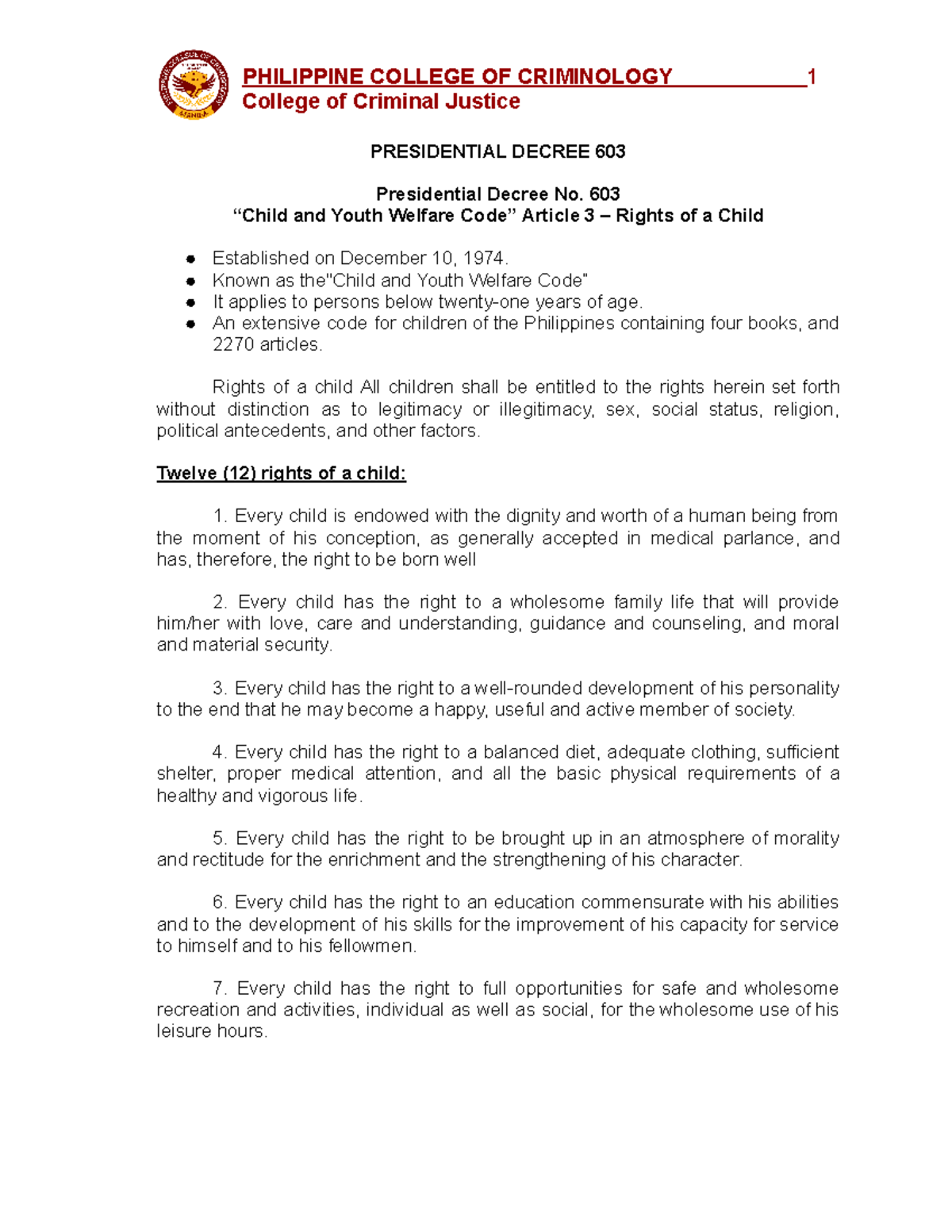 CRIM5 WEEK 8 1 - No comment - College of Criminal Justice PRESIDENTIAL ...