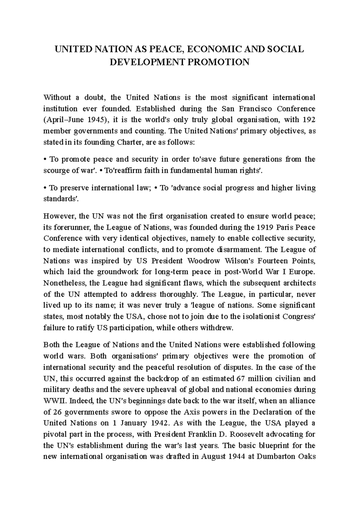 United Nation AS Peace, Economic AND Social Development Promotion ...