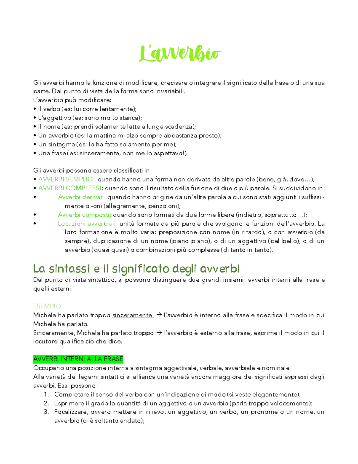 L'avverbio - appunti lezione e libro - L’avverbio Gli avverbi hanno la ...