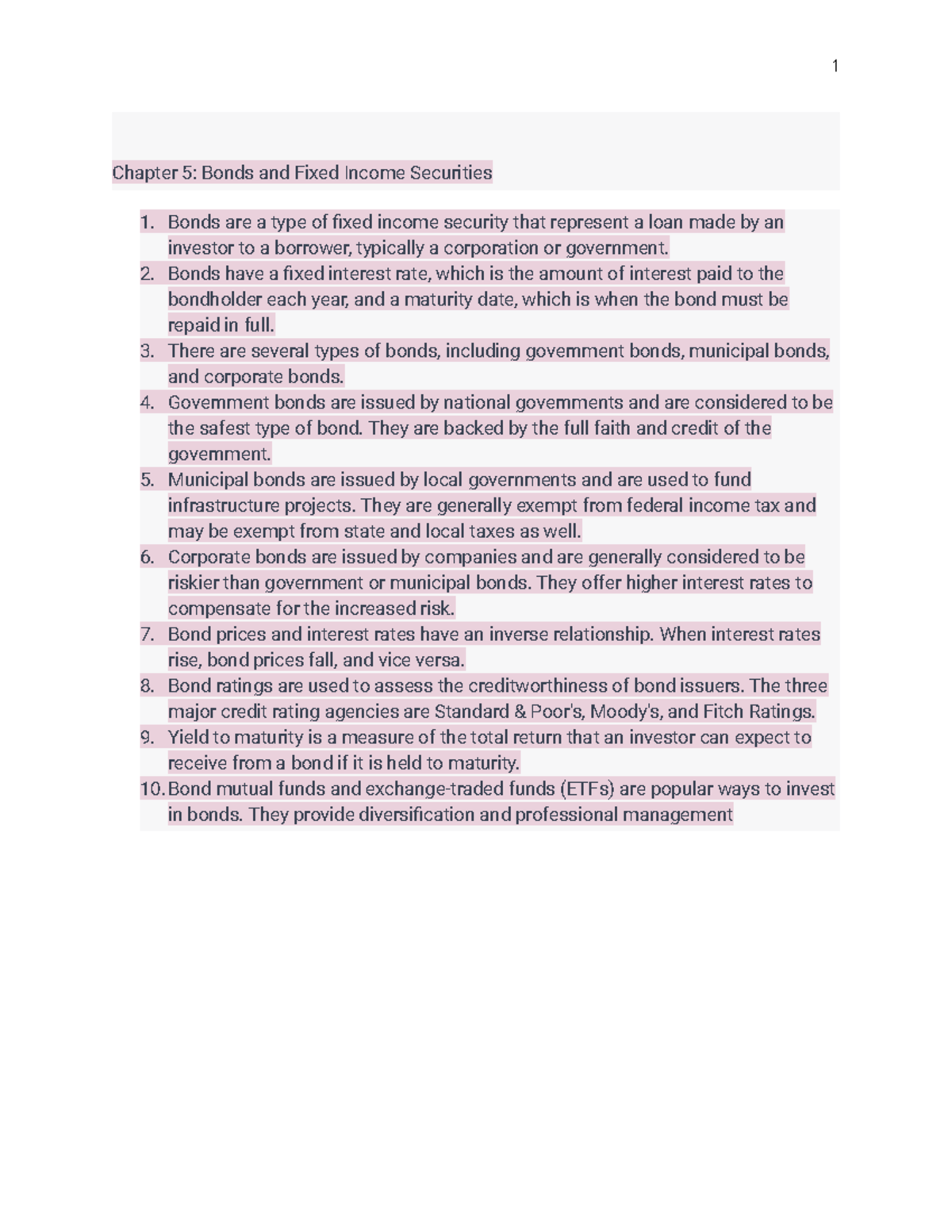 Chapter 5 - Summary - 1 Chapter 5: Bonds and Fixed Income Securities ...
