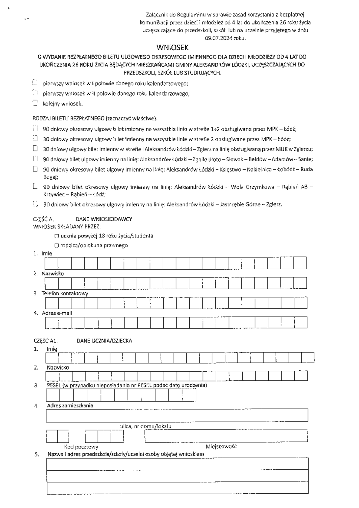 Wzor wniosku o wydanie bezplatnego biletu - Zatacznik do Regulaminu W sprawie zasad korzystania ...