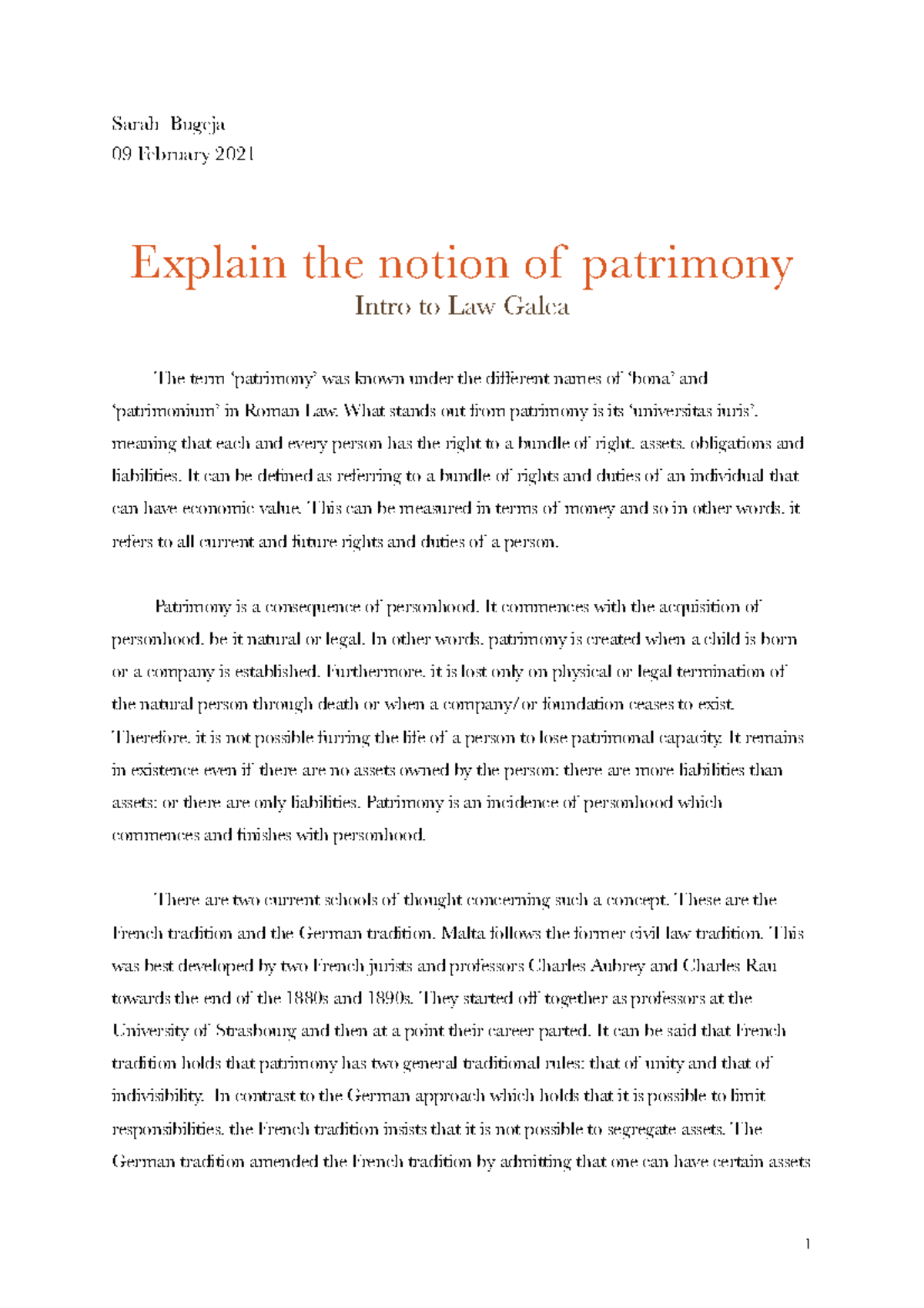 Patrimony - essay - N/a - Sarah Bugeja 09 February 2021 Explain the ...