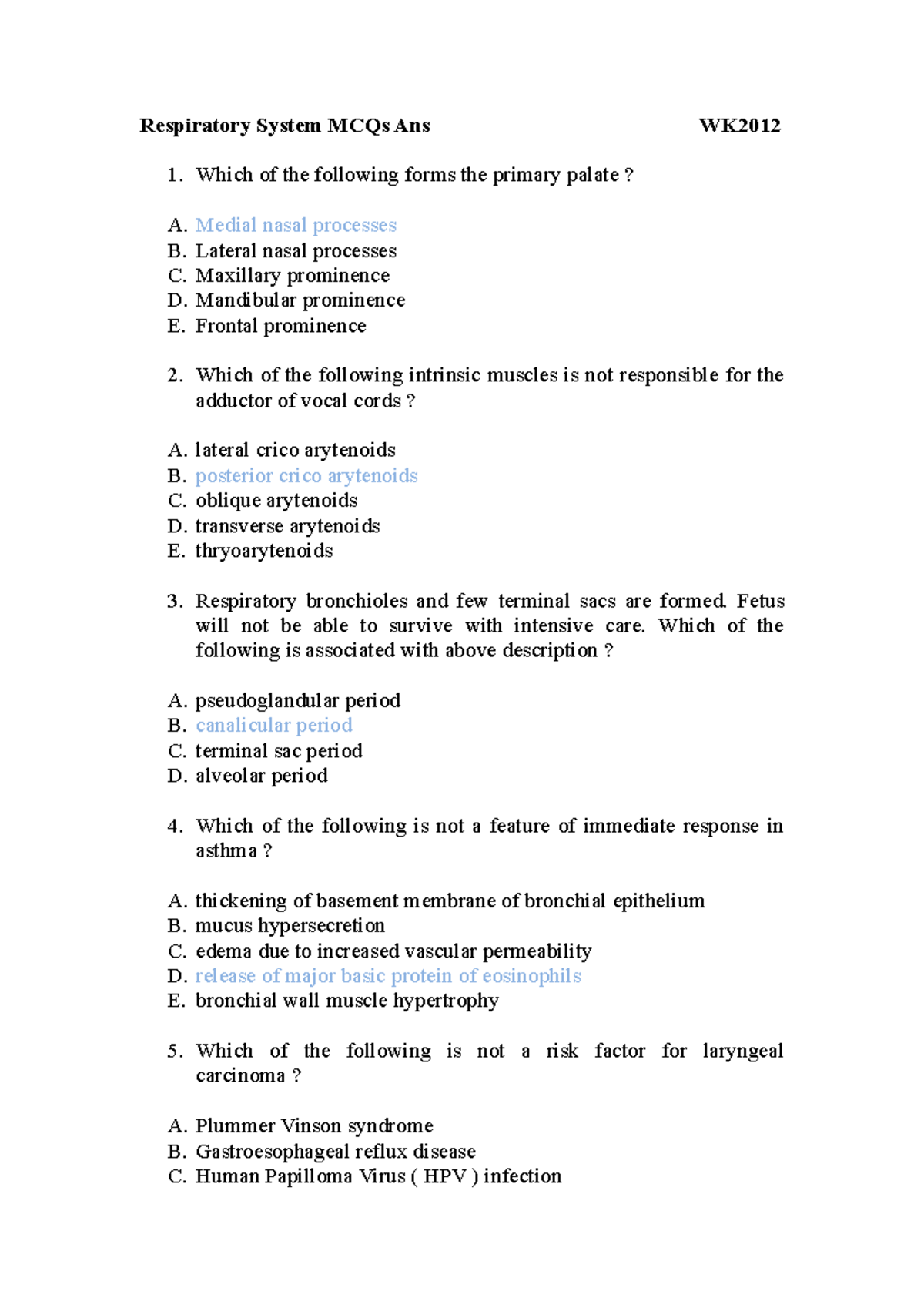 Respiratory System Mcqs Respiratory System MCQs Ans WK Which Of The