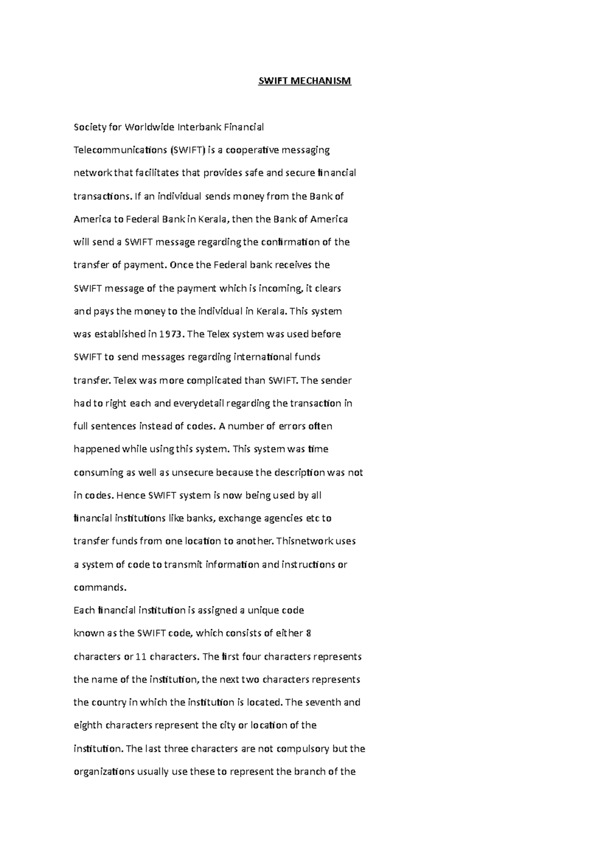 If 14 - Short summary note - SWIFT MECHANISM Society for Worldwide ...