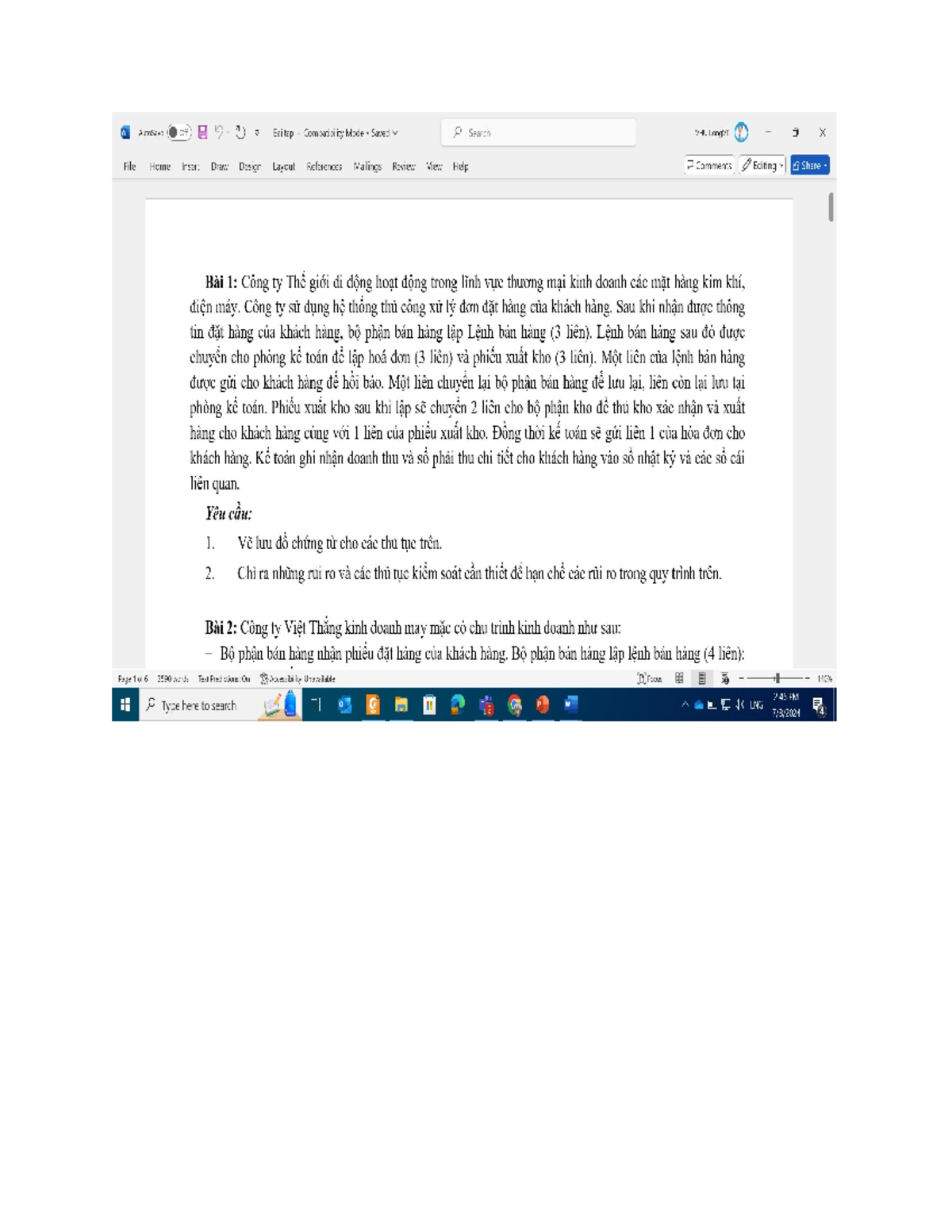 BT 1 HTTT - hệ thống thôn tin kt - Hoạt động Rủi ro Kiểm soát Đặt hàng Nhận đặt hàng của KH nợ ...