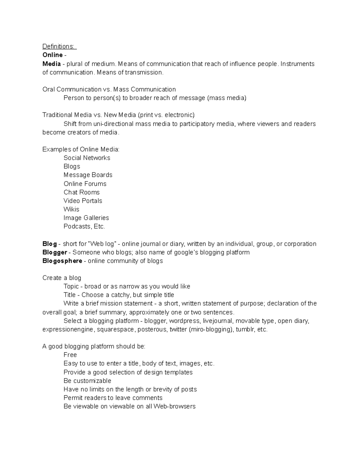 Online Media 1 - Class Notes - Definitions: Online - Media - plural of ...