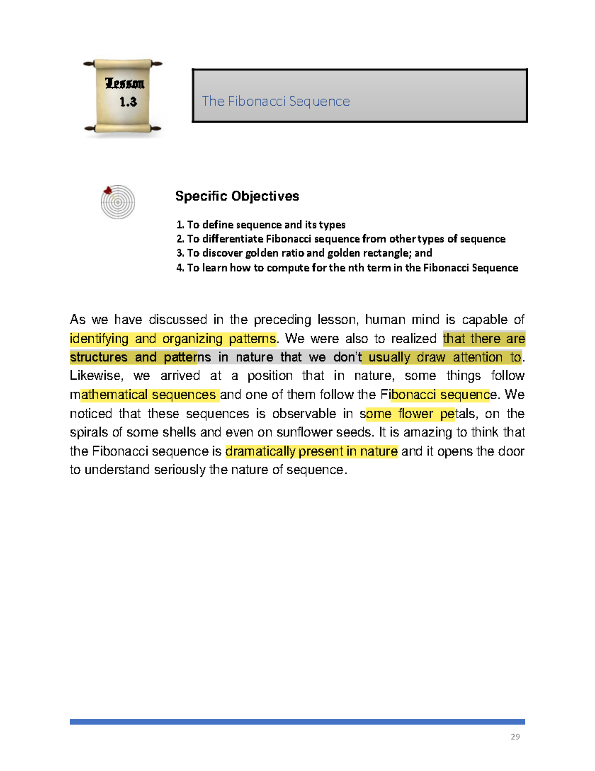 Lesson 1 3 The Fibonacci Sequence Lesson 1 3 The Fibonacci Sequence Specific Objectives 1 To