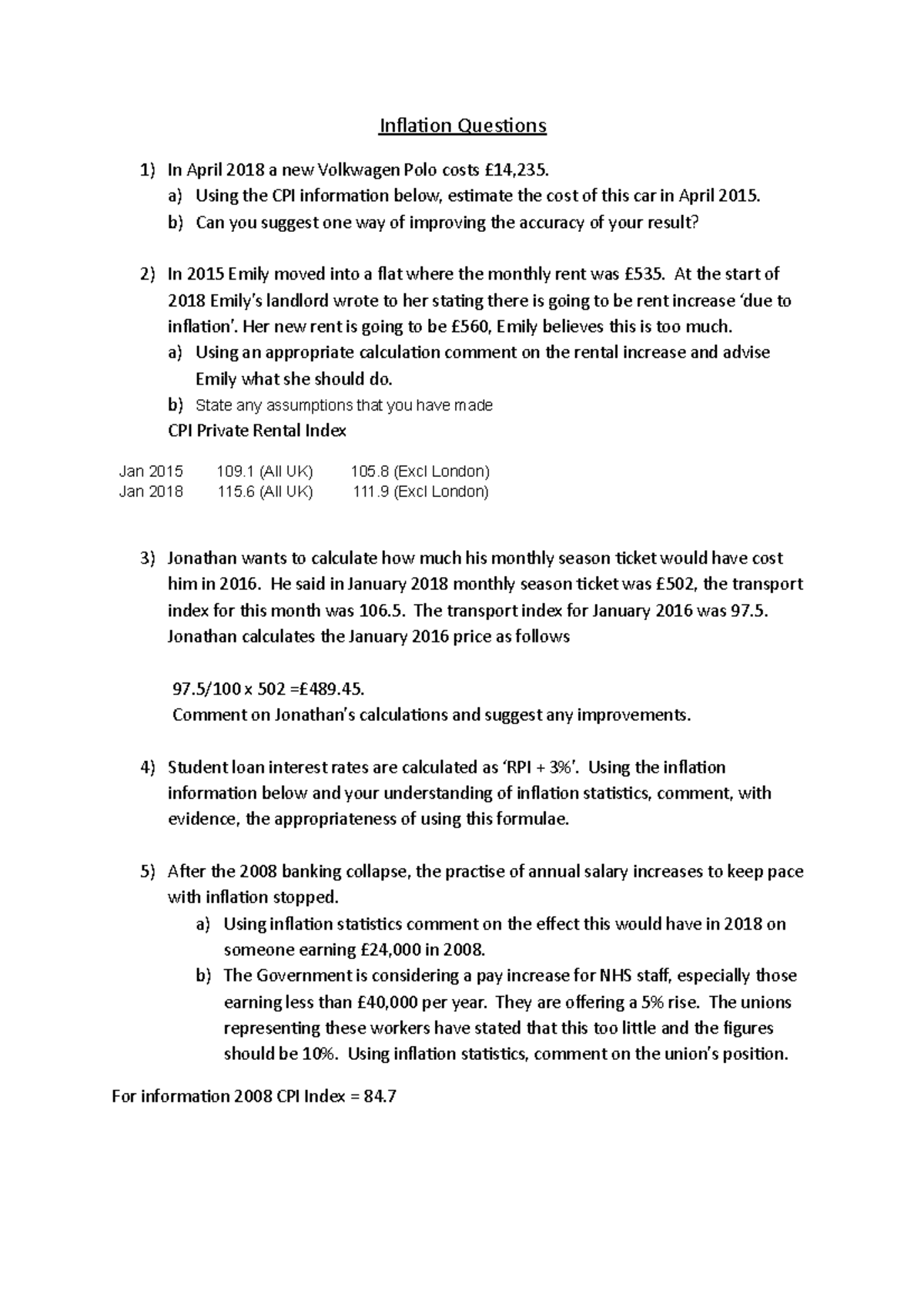 Exam style questions for CPI and RPI Adjusted - Inflation Questions 1 ...