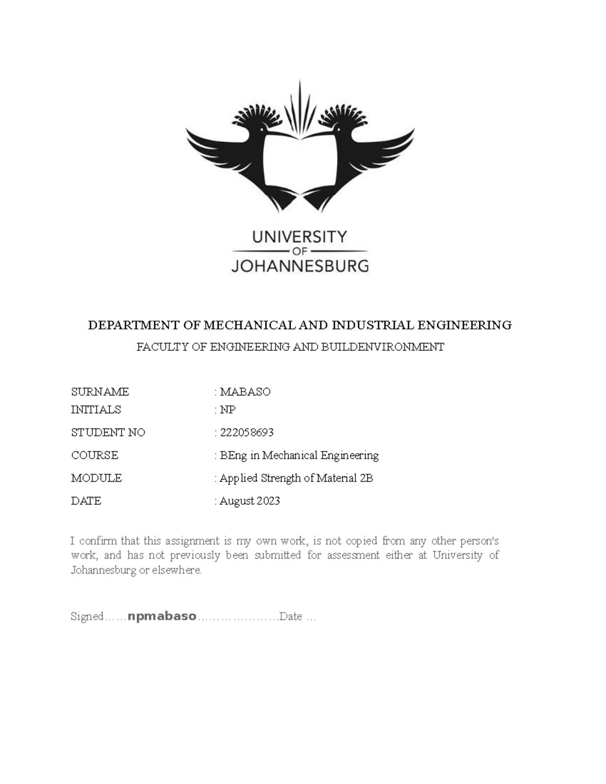 Np Mabaso 222058692 The spring Test report - DEPARTMENT OF MECHANICAL ...