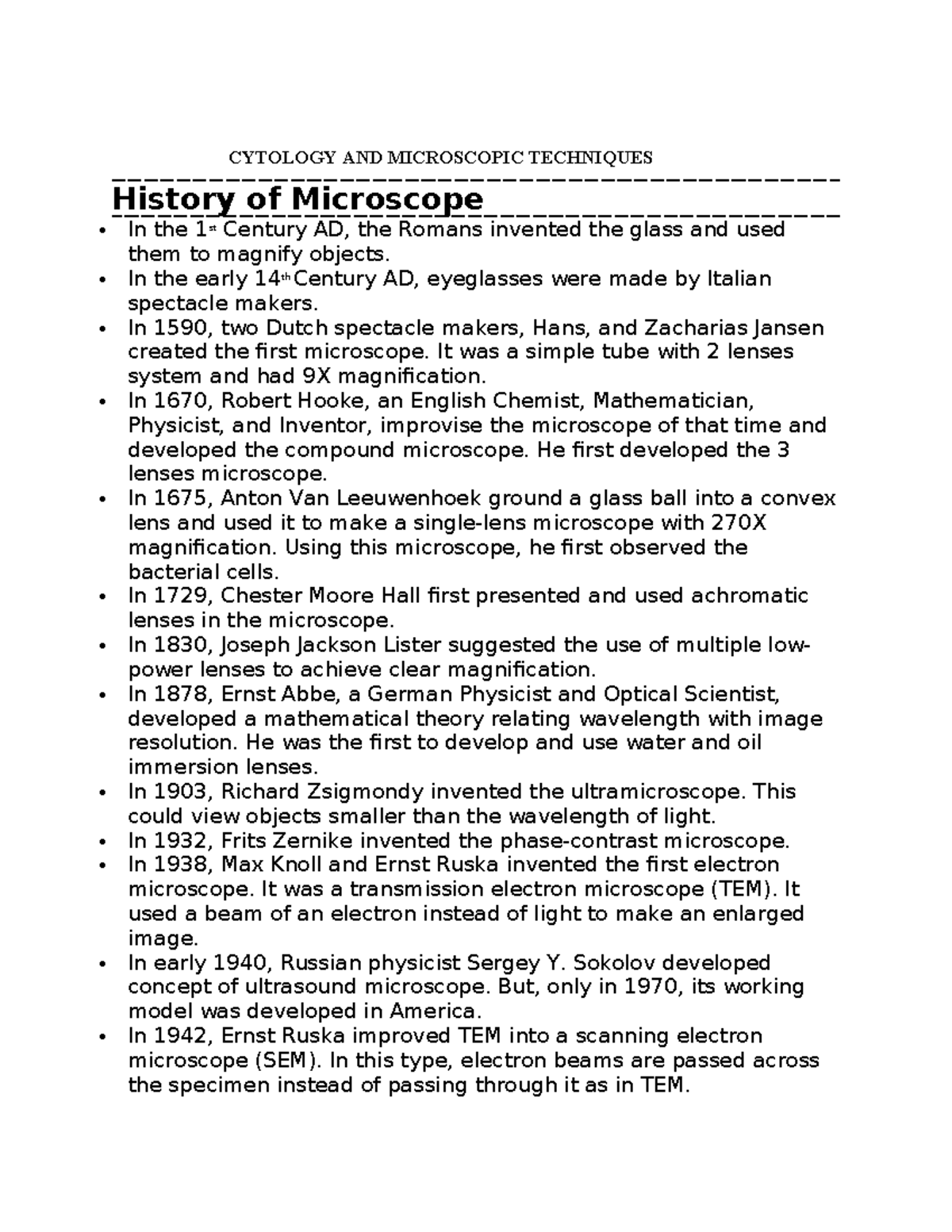 Cytology AND Microscopy - CYTOLOGY AND MICROSCOPIC TECHNIQUES History ...