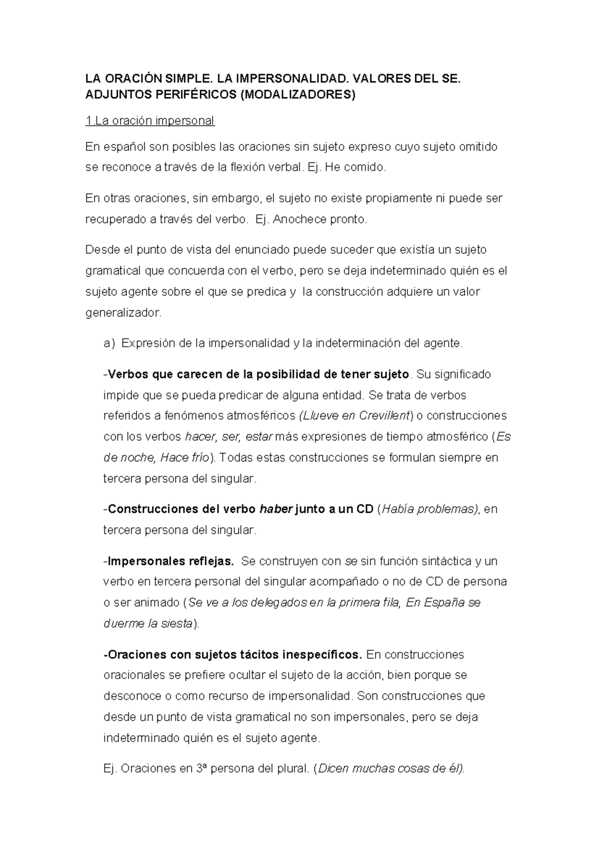 Impersonalidad, Valores DEL SE - LA ORACIÓN SIMPLE. LA IMPERSONALIDAD ...