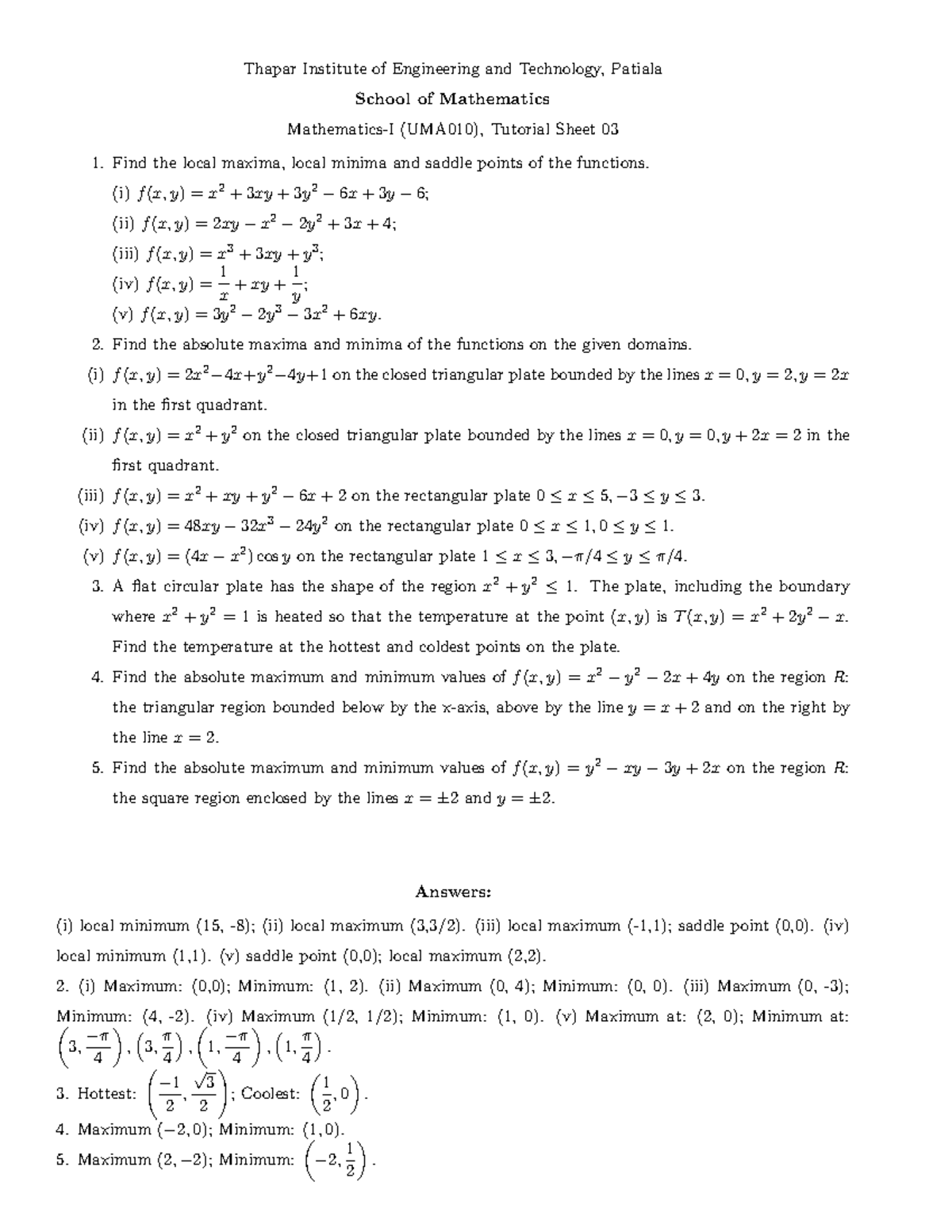 Tut sheet-3 - Solve them - Thapar Institute of Engineering and Technology, Patiala School of ...
