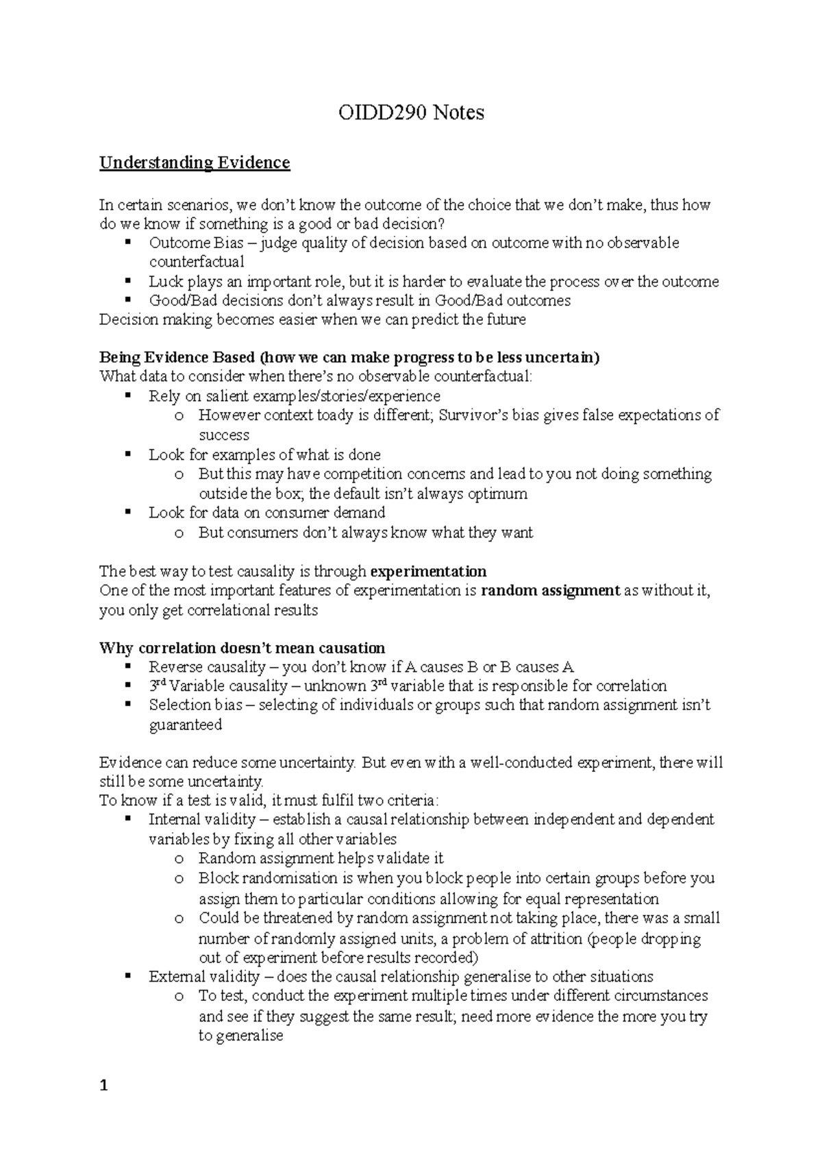 Decision Making Notes - OIDD290 Notes Understanding Evidence In certain ...