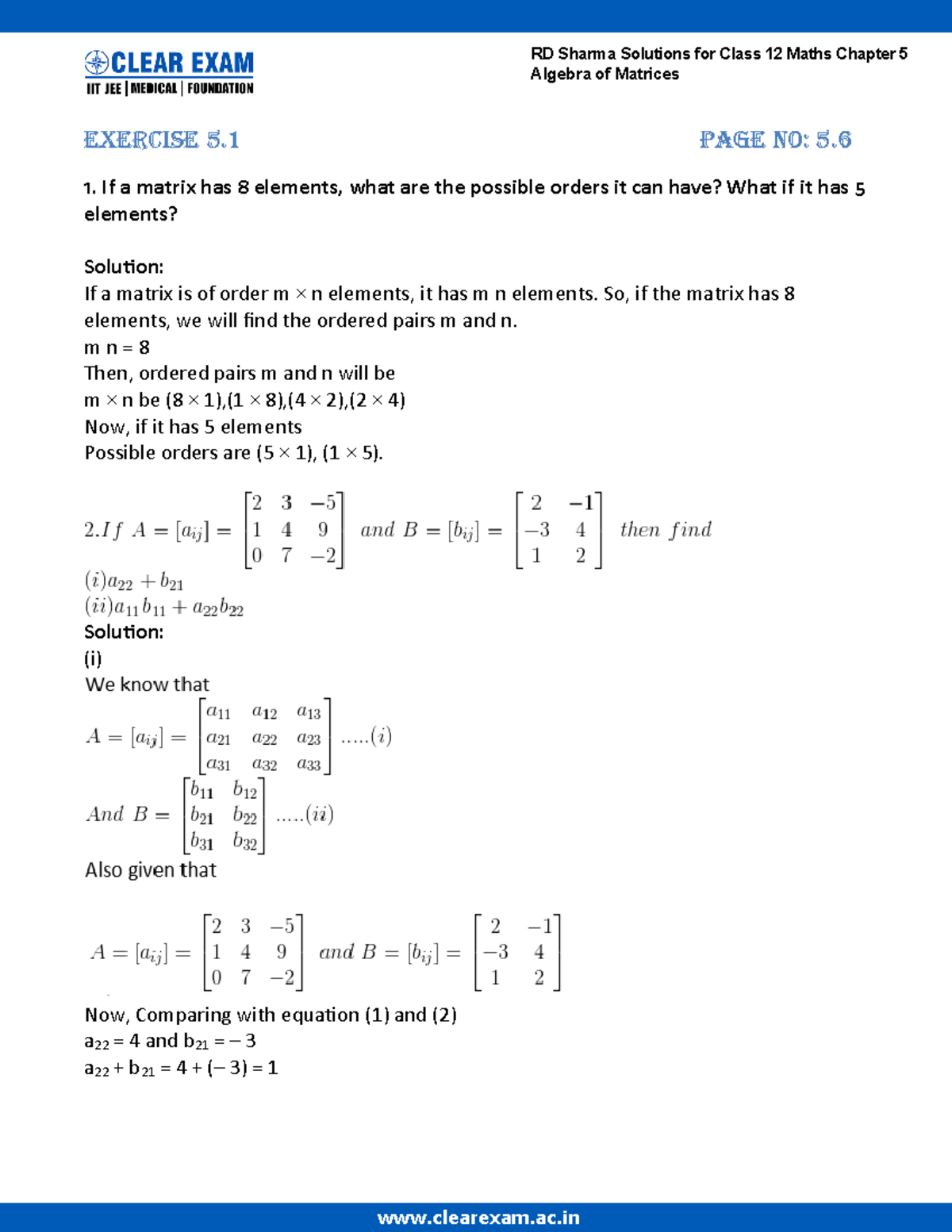 RD Sharma Class 12 Maths Solutions Chapter 5 Algebra of Matrices ...