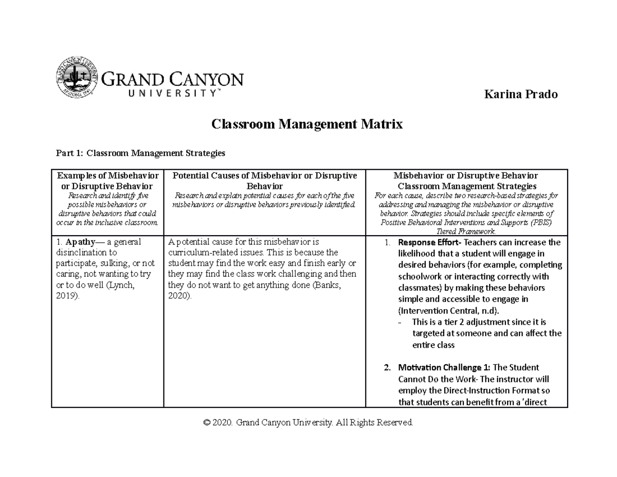 SPD 200 RS Classroom Management Matrix - Karina Prado Classroom ...