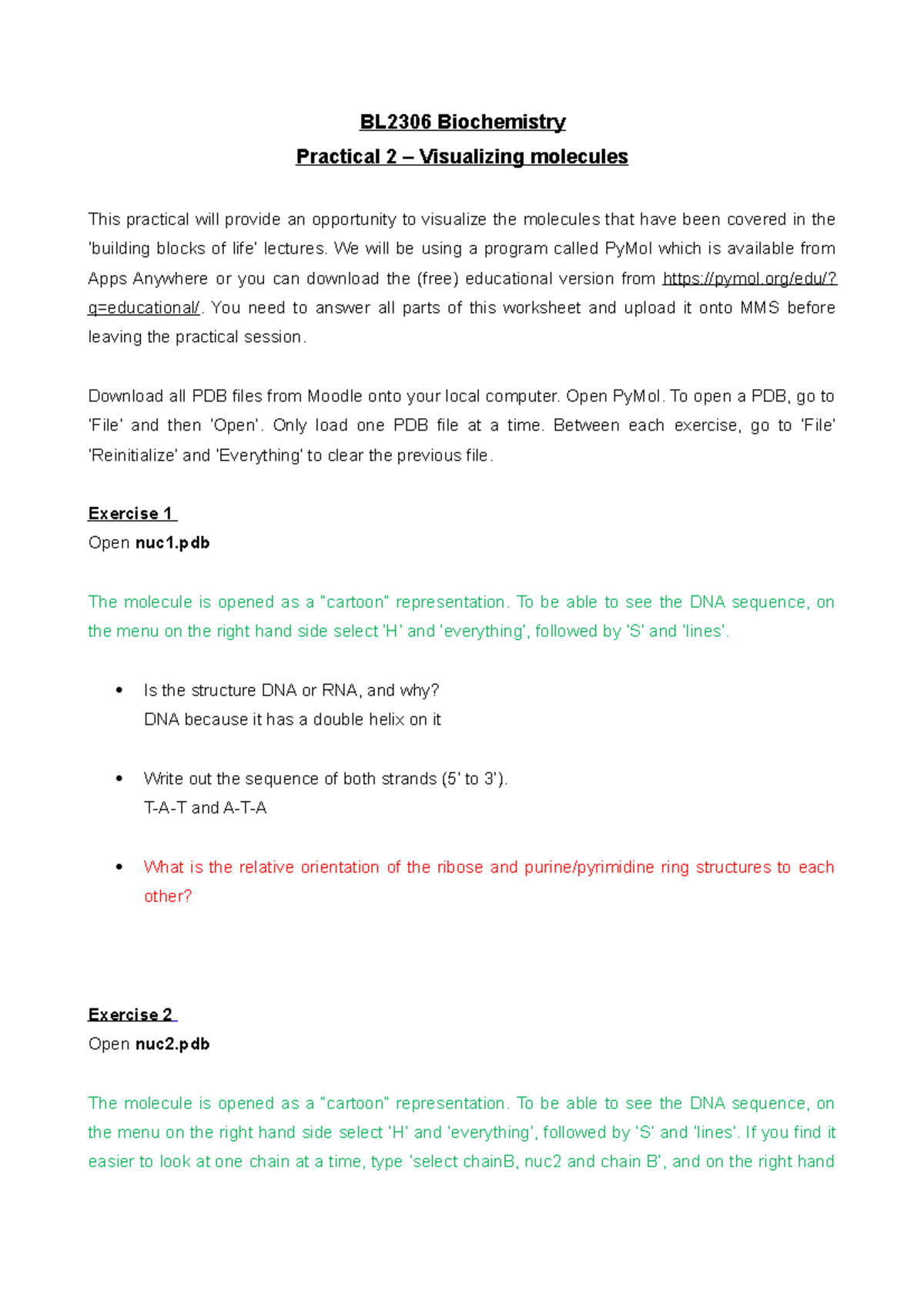BL2306-worksheet prac2 - BL2306 Biochemistry Practical 2 – Visualizing ...