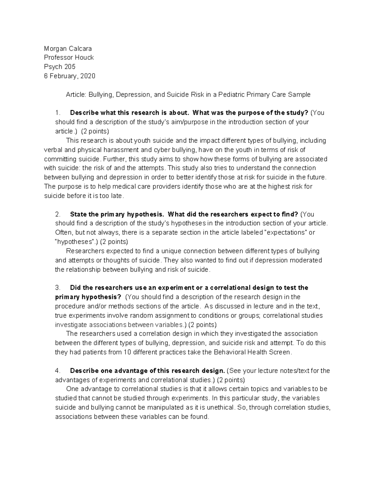 Assignment 1 - Morgan Calcara Professor Houck Psych 205 6 February ...