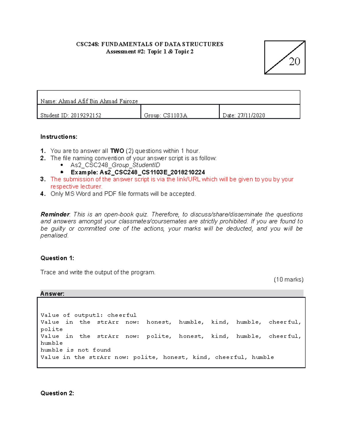 Test 1 As2 CSC248 sdaddsadasd - CSC248: FUNDAMENTALS OF DATA STRUCTURES ...