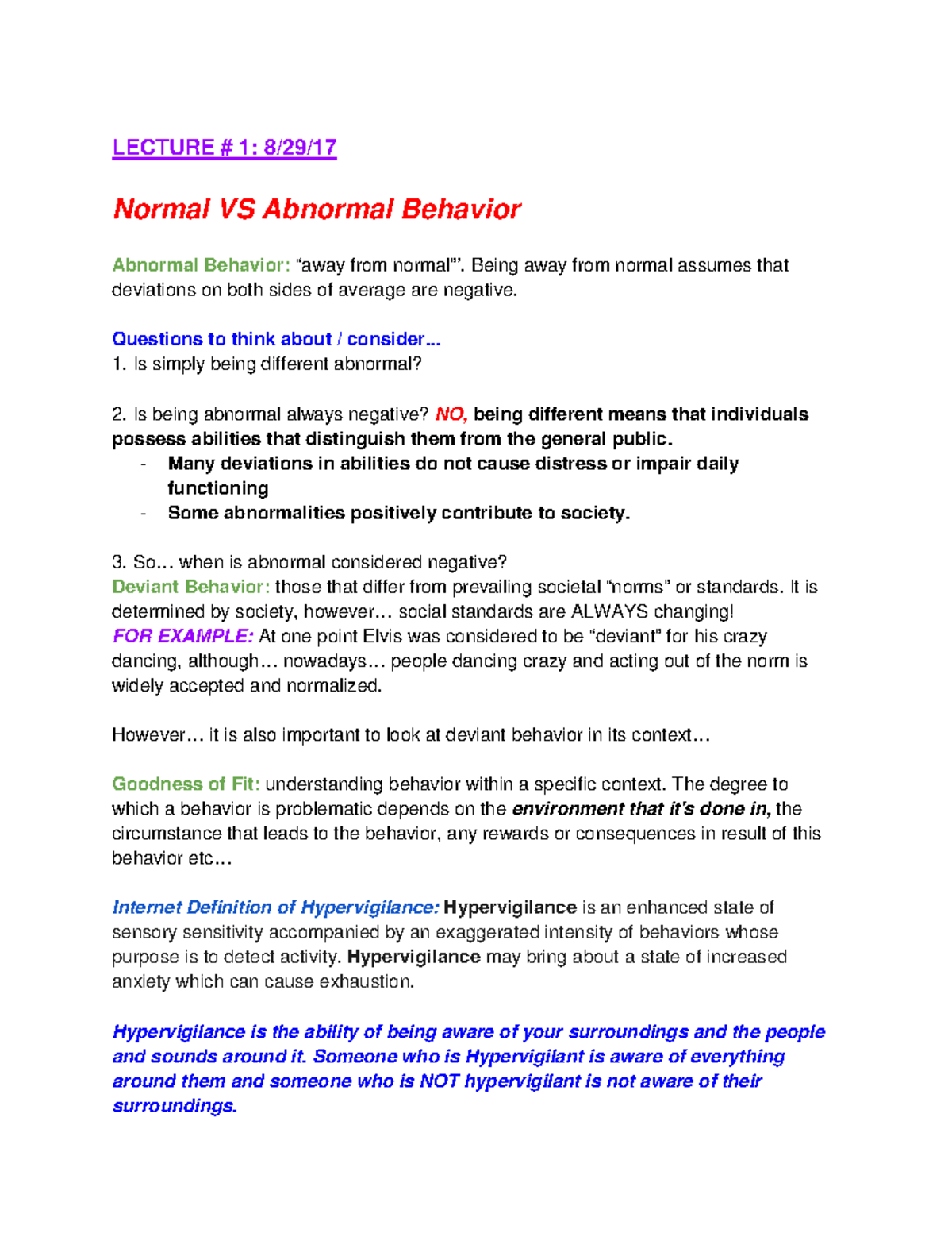 PSYCH 221 Lectures - Lecture notes All - LECTURE # 1: 8/29/ Normal VS ...