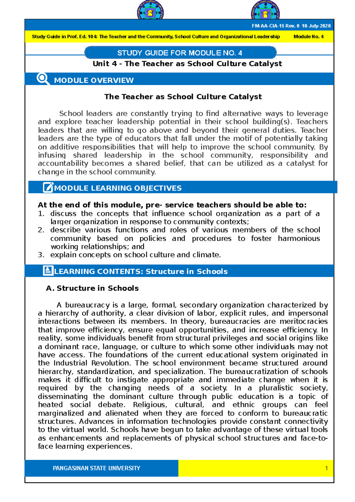 PROF ED 104 SG 4 - Study Guide - Unit 4 - The Teacher as School Culture ...