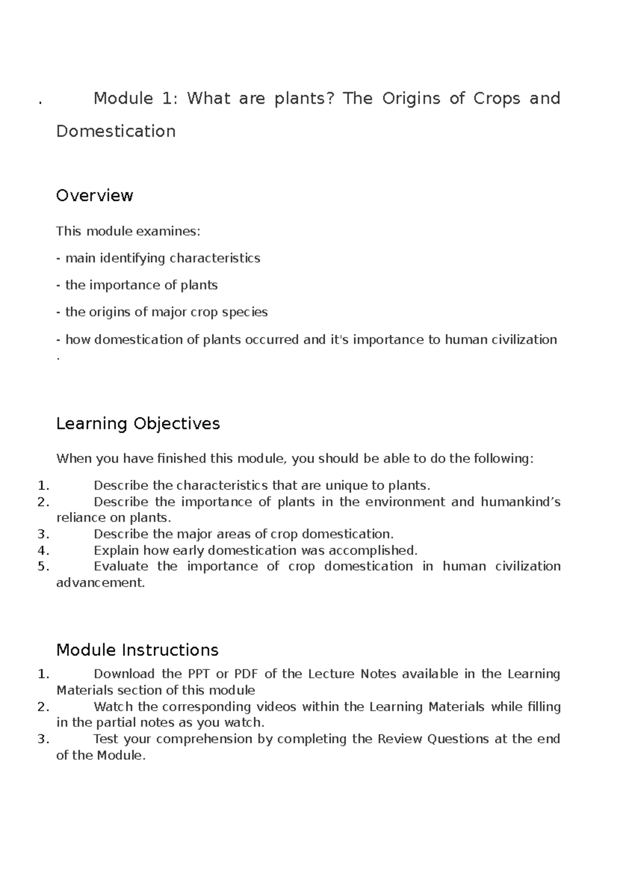 Module 1 - Overview - . Module 1: What are plants? The Origins of Crops ...