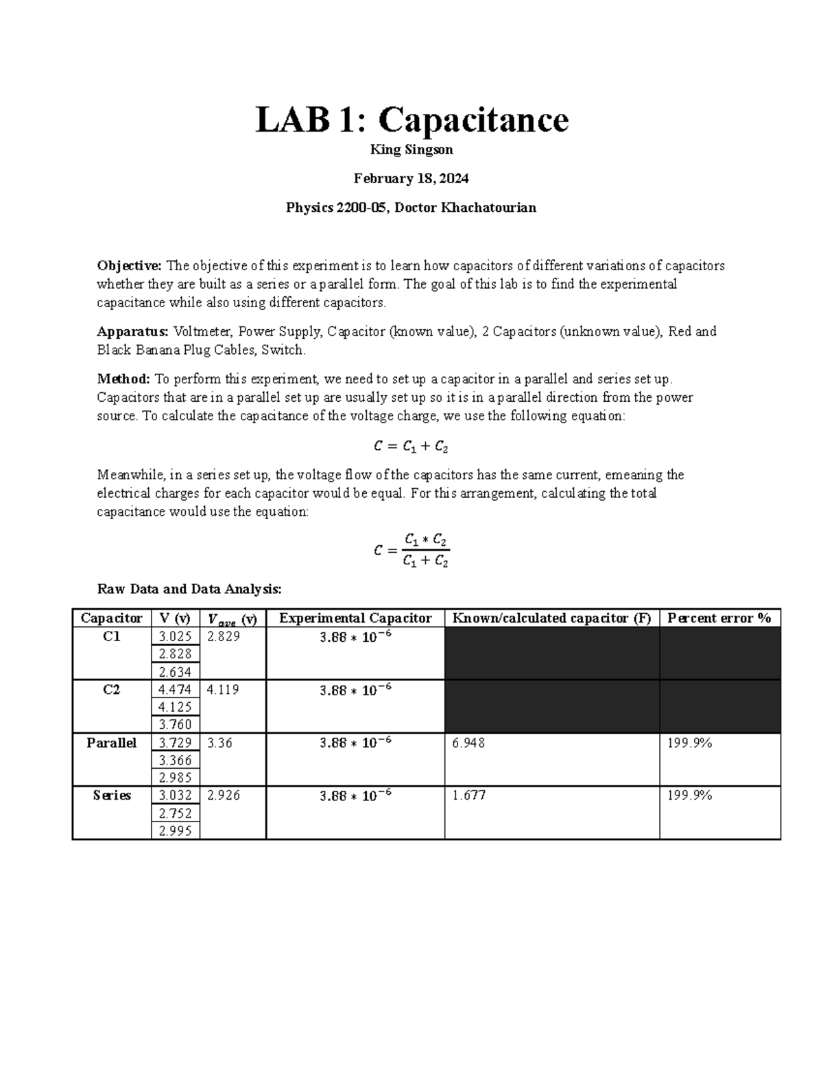 LAB 1 Capacitors - LAB 1: Capacitance King Singson February 18, 2024 ...