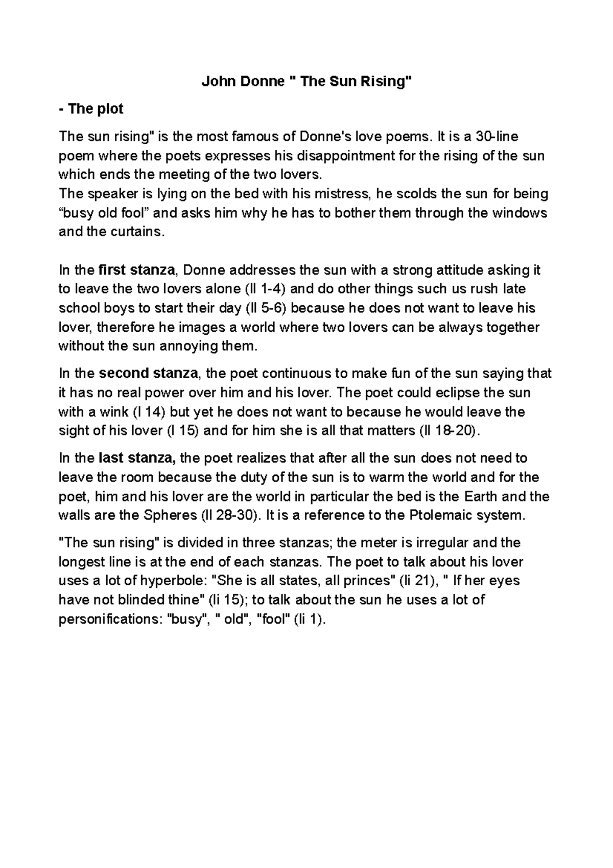 John Donne - The Sun Rising - John Donne " The Sun Rising" - The plot ...