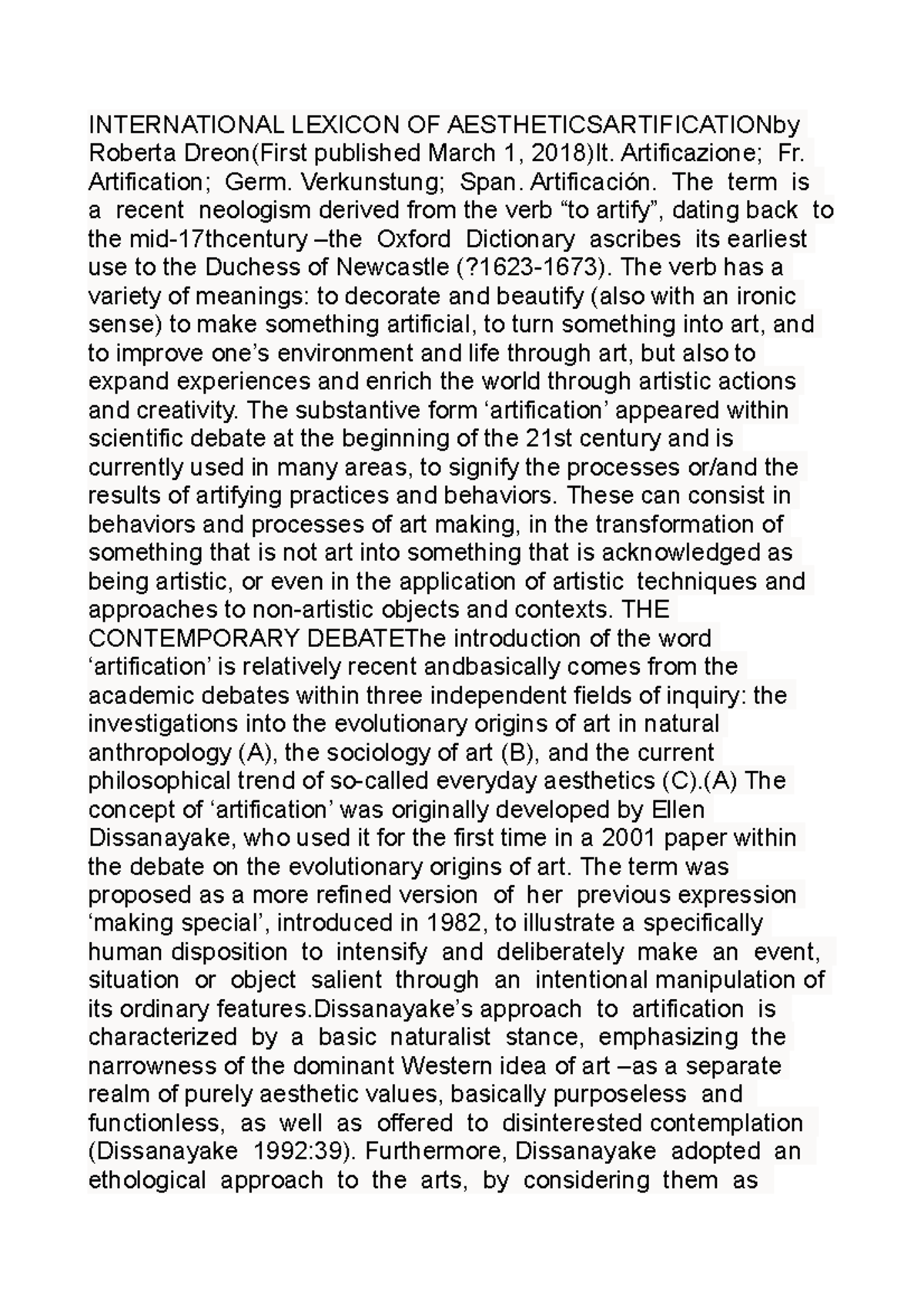 Dreon Artification breve - INTERNATIONAL LEXICON OF ...