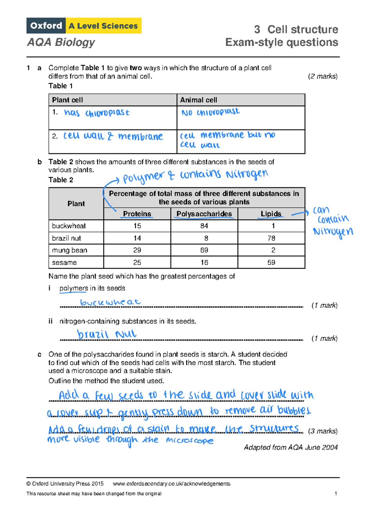 Oxo ABio Q 03uu xq01 xxaann - AQA Biology Exam-style questions © Oxford ...