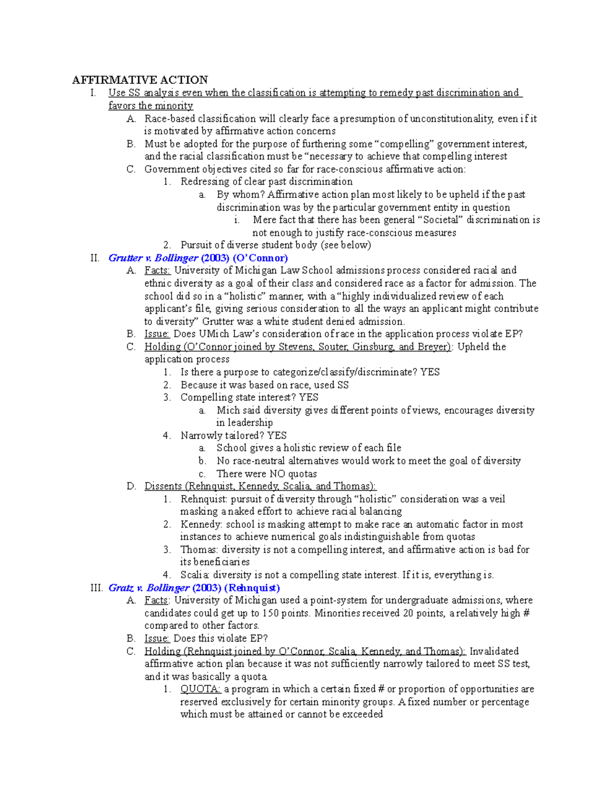 Constitutional Law - Prof. Newman 2 - AFFIRMATIVE ACTION I. Use SS ...