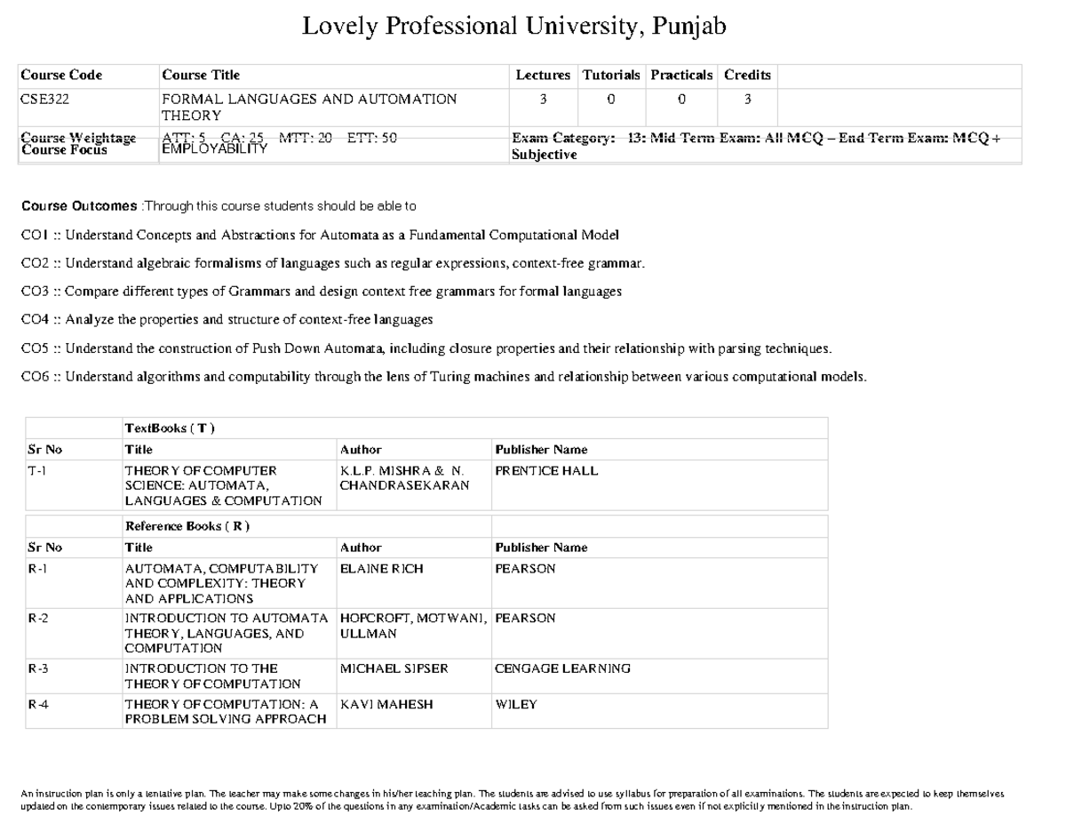 CSE322 - Lovely Professional University, Punjab Course Code Course Title Lectures Tutorials ...