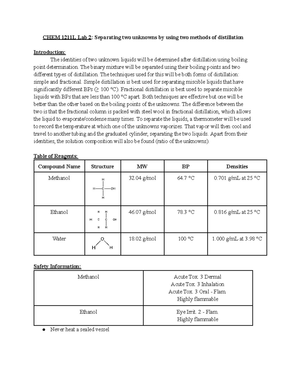 Chem 1211L Lab 2 - CHEM 1211L Lab 2: Separating two unknowns by using ...