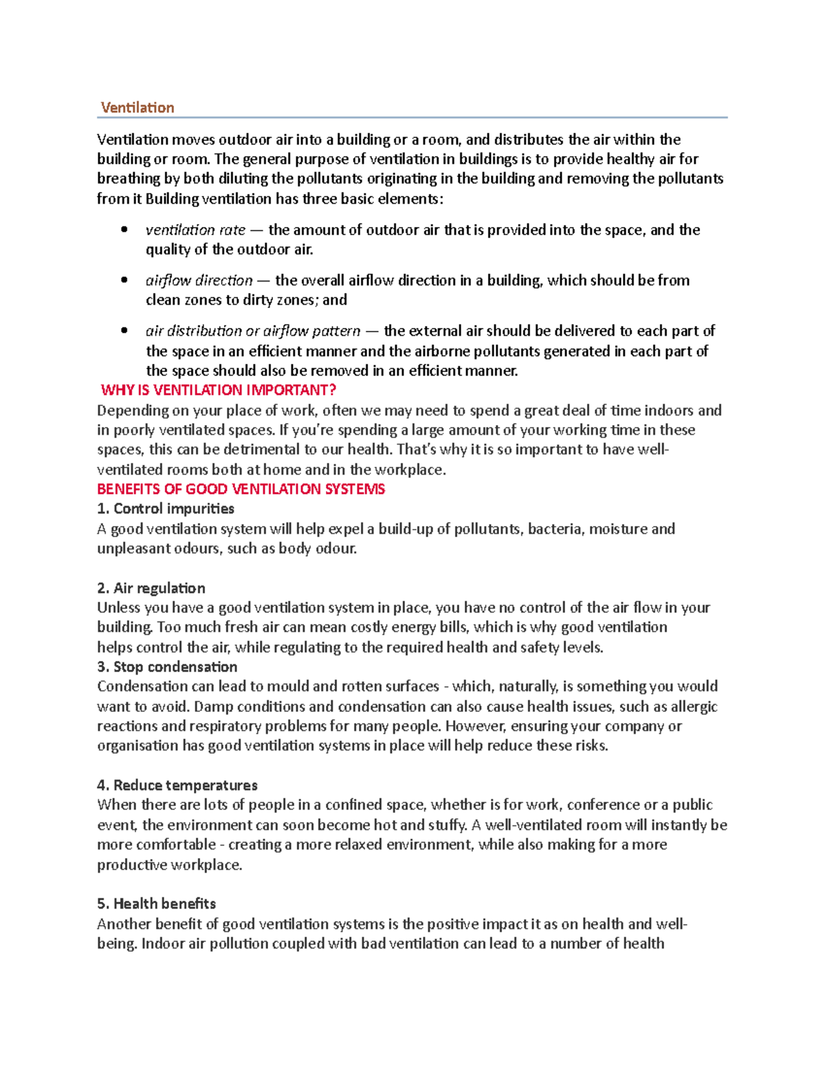 Week 7 Ventilation - Revision - Ventilation Ventilation moves outdoor ...