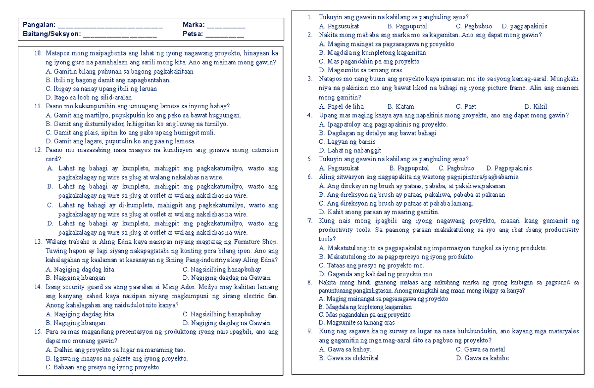 EPP 5 - Periodical Exam - Pangalan: ___________________________ Marka: __________ Baitang ...