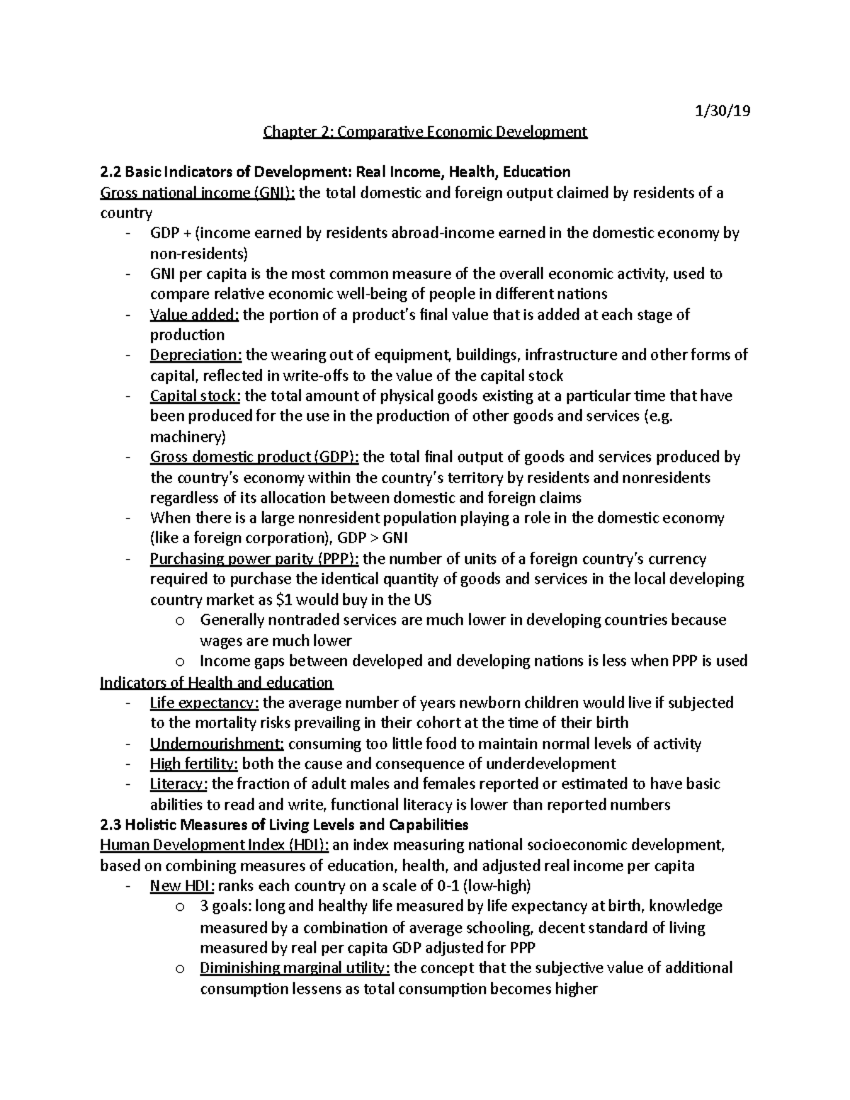Notes Chapter 2 - 1/30/ Chapter 2: Comparative Economic Development 2 ...