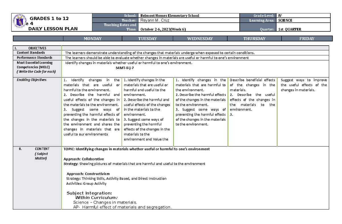 Science 4 DLP Q1 W6 - sample detailed lesson plan - GRADES 1 to 12 Grade 4 DAILY LESSON PLAN ...